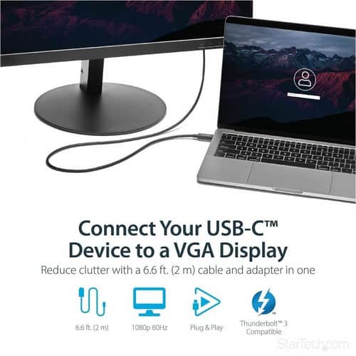 2m / 6 ft USB C to VGA Cable - USB Type C to VGA - 1920 x 1200 - Black ...