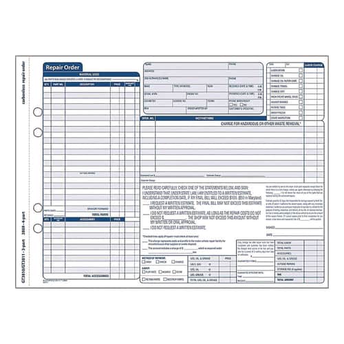 Multipart Auto Repair Work Order Forms with Checklist for Routine Jobs ...