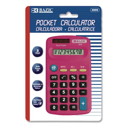 Dual Power Pocket Size Calculator by Bazic BAZ3009 | OnTimeSupplies.com